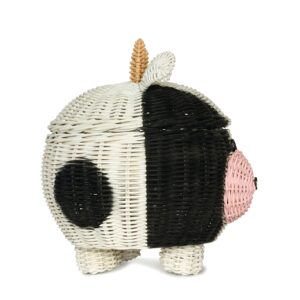 G6 COLLECTION Cow Rattan Storage Basket With Lid Decorative Bin Home Decor Hand Woven Shelf Organizer Cute Handmade Handcrafted Nursery Gift Animal Decoration Artwork Wicker Cow