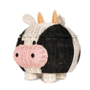 G6 COLLECTION Cow Rattan Storage Basket With Lid Decorative Bin Home Decor Hand Woven Shelf Organizer Cute Handmade Handcrafted Nursery Gift Animal Decoration Artwork Wicker Cow