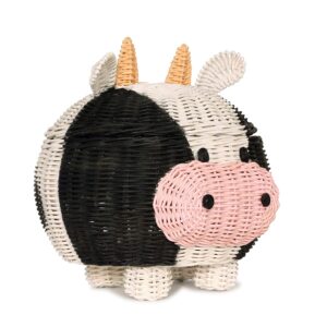 G6 COLLECTION Cow Rattan Storage Basket With Lid Decorative Bin Home Decor Hand Woven Shelf Organizer Cute Handmade Handcrafted Nursery Gift Animal Decoration Artwork Wicker Cow