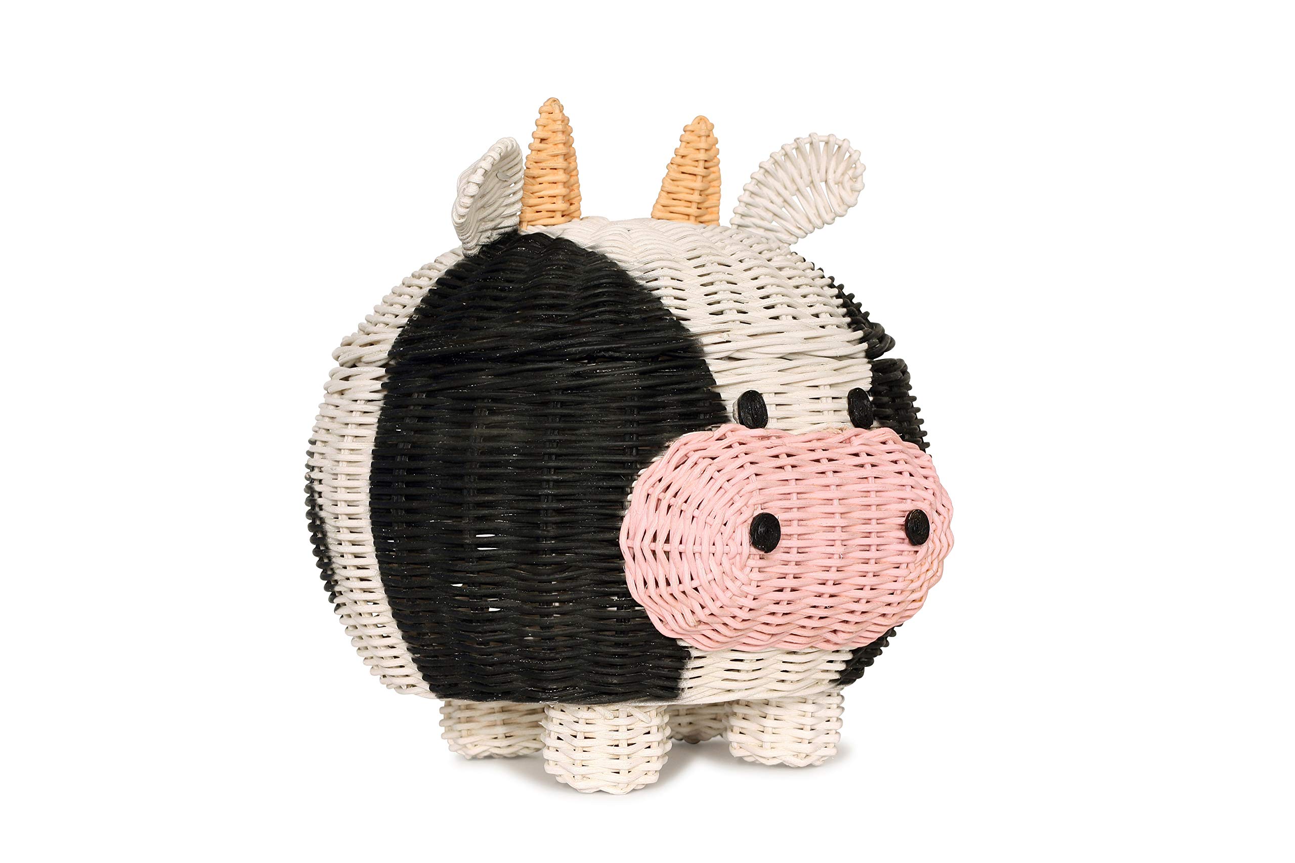 G6 COLLECTION Cow Rattan Storage Basket With Lid Decorative Bin Home Decor Hand Woven Shelf Organizer Cute Handmade Handcrafted Nursery Gift Animal Decoration Artwork Wicker Cow