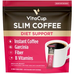 vitacup slim instant coffee packets, with garcinia, fiber, b vitamins, bold & smooth, medium dark roast, 100% arabica coffee in single serve sticks, 24 ct