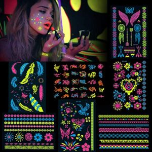 howaf 7 large sheets neon temporary tattoos, 100+ shimmer designs glow uv neon body face skin tattoo jewellery tattoos flash fake waterproof tattoo stickers for women girls body art