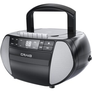 craig portable top-loading cd boombox with am/fm stereo radio and cassette player/recorder in black | cassette player/recorder | led display (black/gray)