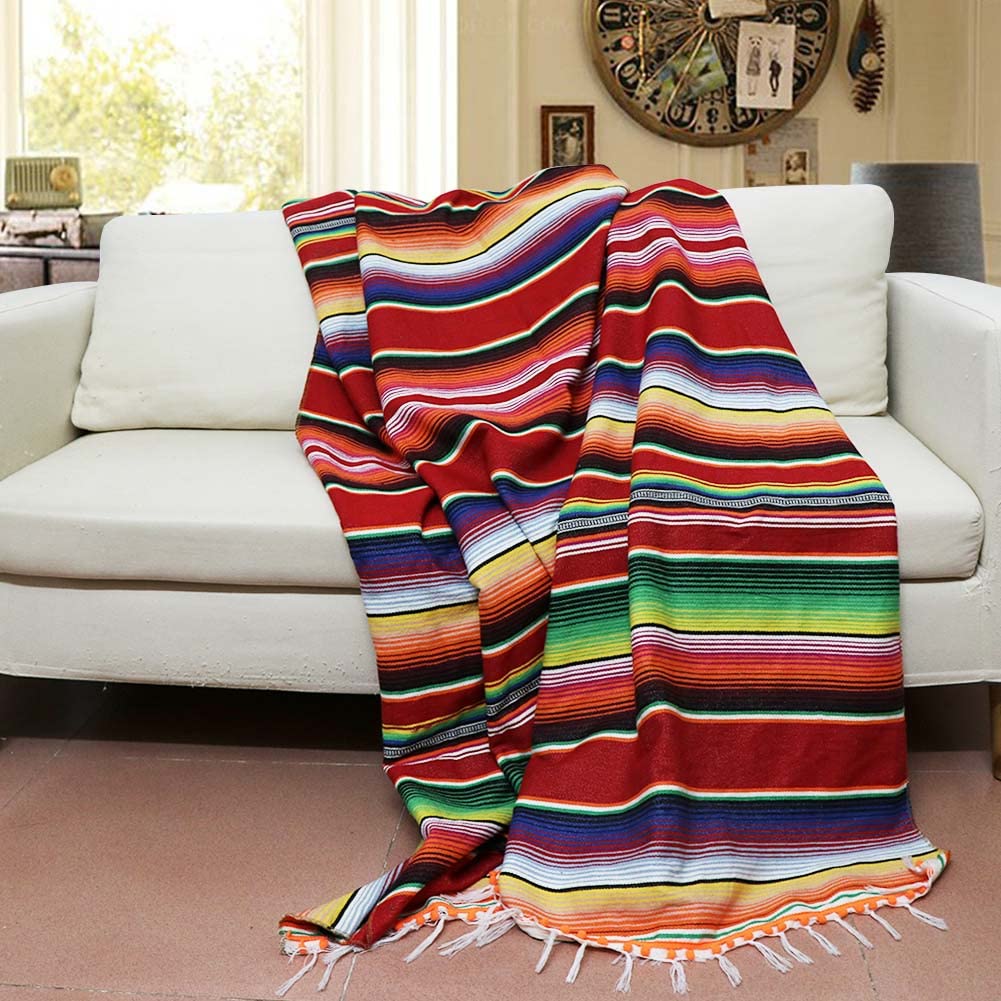 OurWarm 84 X 59 Inch Mexican Tablecloth Serape Blanket, Upgraded Mexican Blankets with Pom Pom Trim for Mexican Party Wedding Cinco De Mayo Fiesta Decorations, Large Outdoor Fiesta Table Cover Picnic