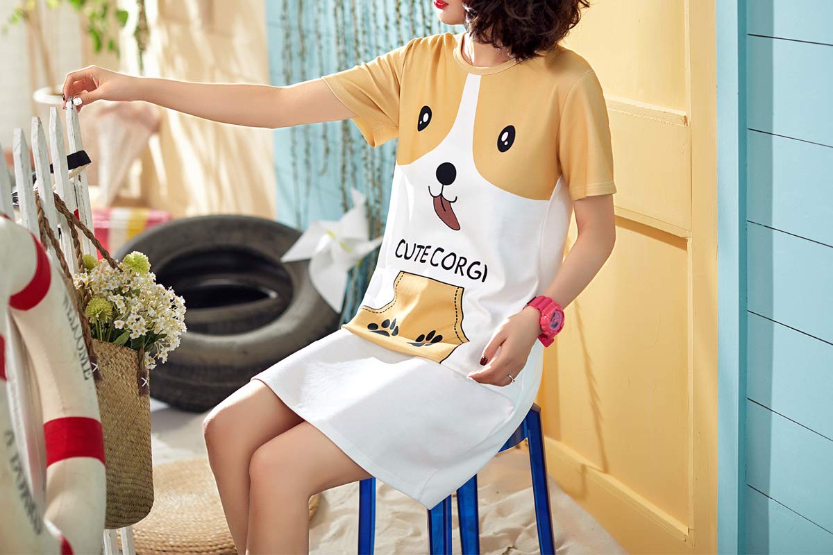 Hupohoi Big Girls' Cute Cartoon Sleepshirt Lovely Corgi Nightgowns Summer Sleepwear Corgi 14(US 11-13 Years)