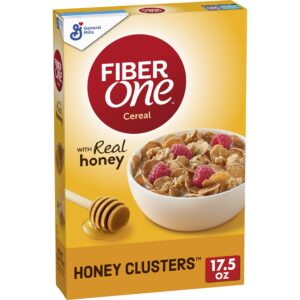 fiber one honey clusters breakfast cereal, fiber cereal made with whole grain, 17.5 oz