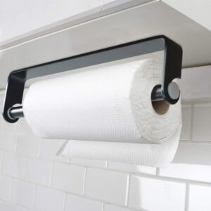 QZNA Paper Towel Holder Self Adhesive & Wall Mount Dispenser Kitchen Tissue Towel Holder Stand Under Cabinet Strong Mounting Removable Wall Tape Black