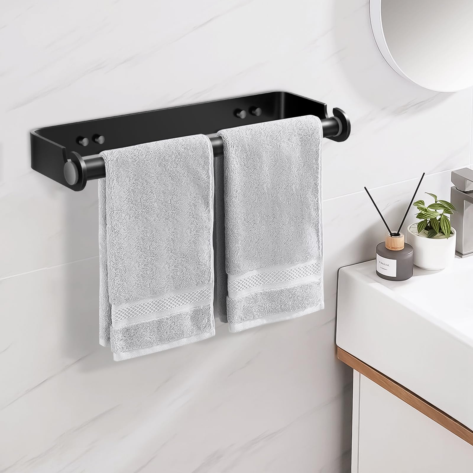 QZNA Paper Towel Holder Self Adhesive & Wall Mount Dispenser Kitchen Tissue Towel Holder Stand Under Cabinet Strong Mounting Removable Wall Tape Black