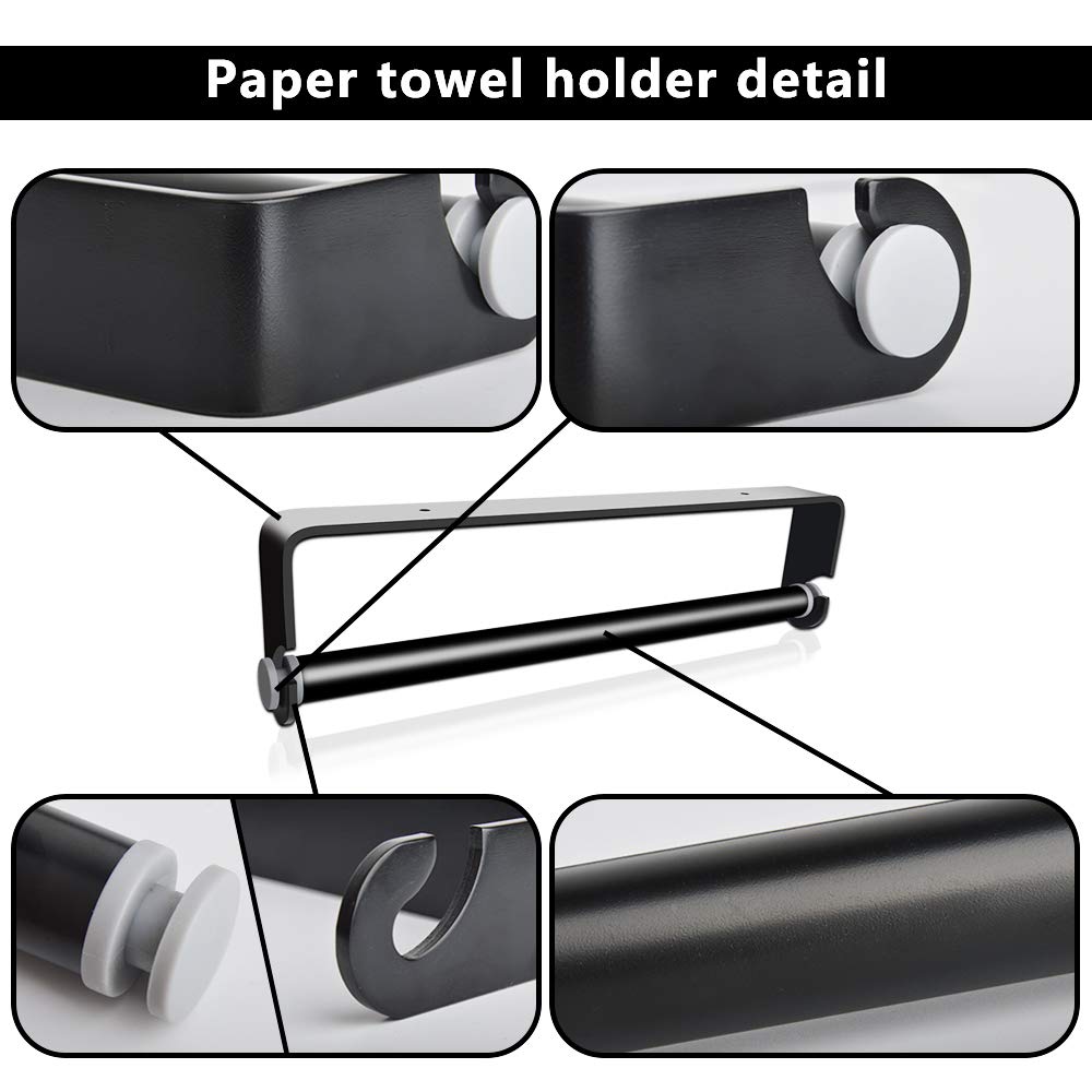 QZNA Paper Towel Holder Self Adhesive & Wall Mount Dispenser Kitchen Tissue Towel Holder Stand Under Cabinet Strong Mounting Removable Wall Tape Black