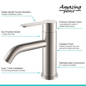 AMAZING FORCE Bathroom Faucet Brushed Nickel Bathroom Sink Faucet Single Hole Bathroom Faucet Single Handle Vanity Faucet- Sink Drain Not Included 1.2 GPM