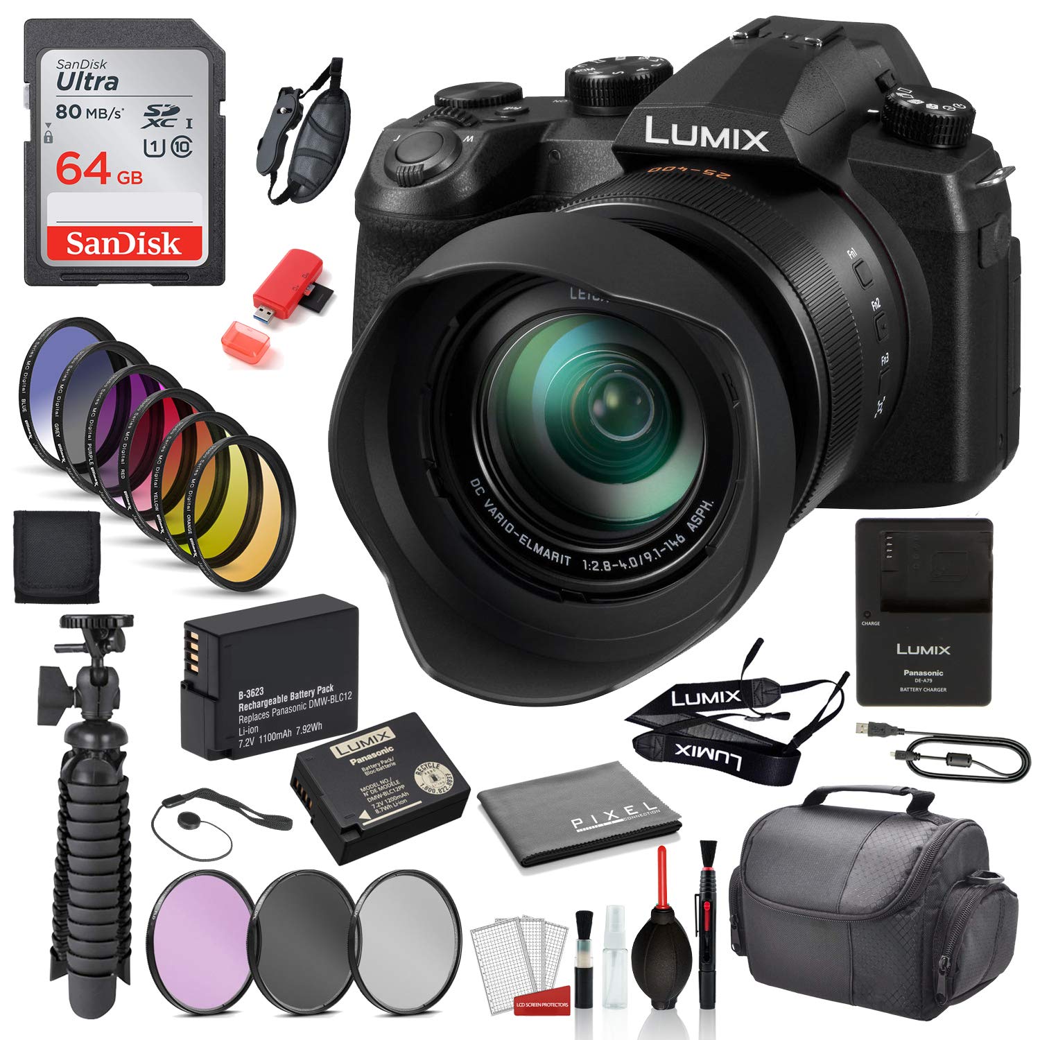 Panasonic Lumix DC-FZ1000 II Digital Camera (DC-FZ1000M2) with Accessory Bundle SanDisk 64gb SD Card + 9PC Filter Kit + 12" Tripod + More