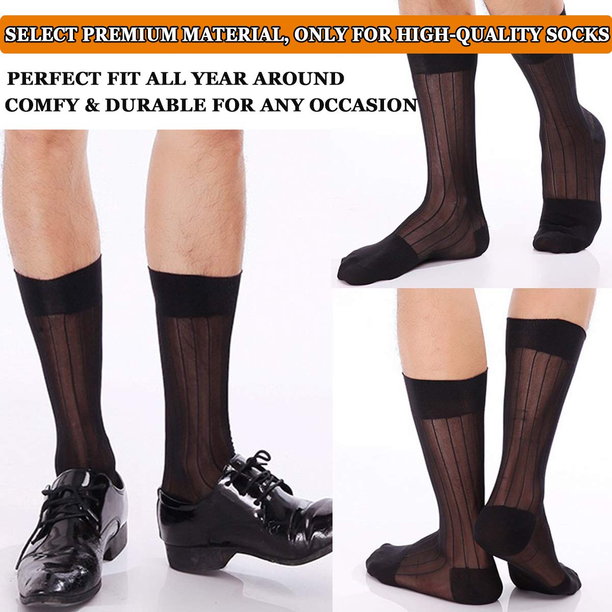 Uaussi 3 Pairs Mens Silk Sheer Socks Mid Calf OTC Ultra Thin Nylon Dress Sock Soft Daily Casual Stockings Work Business Sox