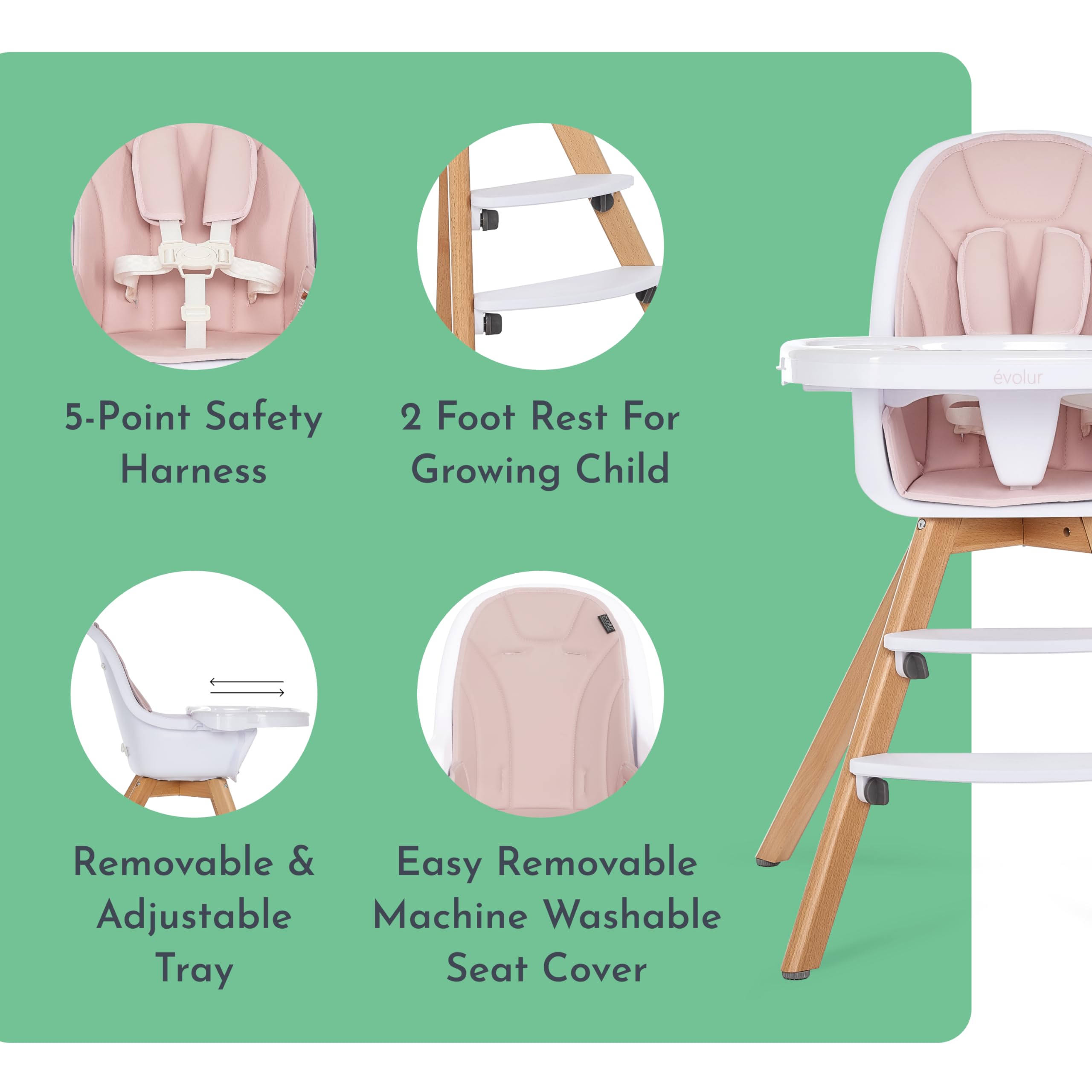 Evolur Zoodle 2 in 1 Convertible Baby High Chair in Pink, Easy to Clean, Adjustable and Removable Tray, Compact and Portable High Chair, Foldable High Chair with Adjustable Footrest