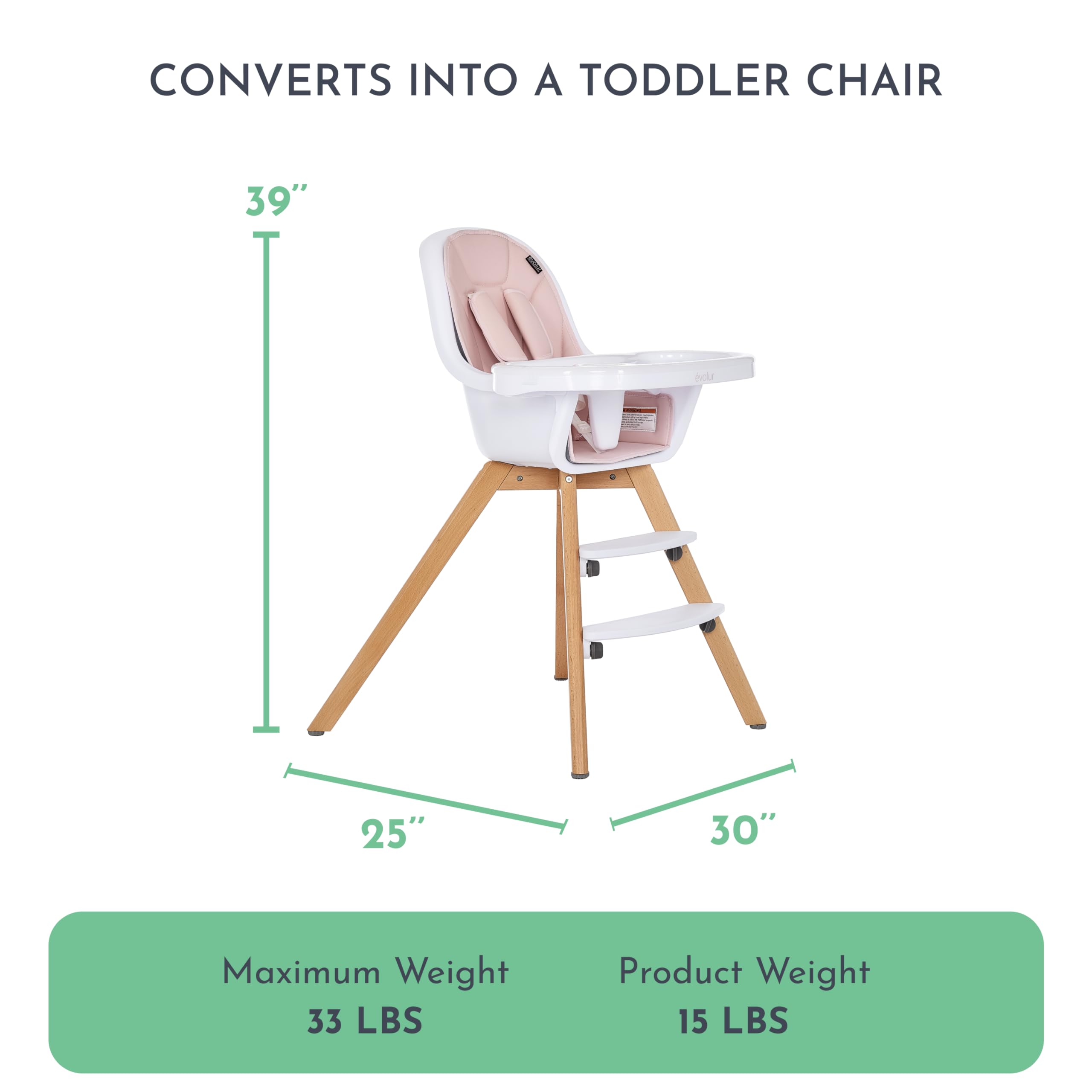 Evolur Zoodle 2 in 1 Convertible Baby High Chair in Pink, Easy to Clean, Adjustable and Removable Tray, Compact and Portable High Chair, Foldable High Chair with Adjustable Footrest