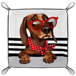 Dachshund Dog in Sunglasses Polka Dots Neck Scarf Stripes Leather Tray Dice Box Bedside Tray Key Watches and Candy Holder Sundries Entryway Tray,20.5x20.5cm