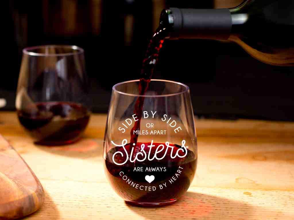 GSM Brands Stemless Wine Glass for Sisters - Made of Unbreakable Tritan Plastic and Dishwasher Safe - 16 ounces