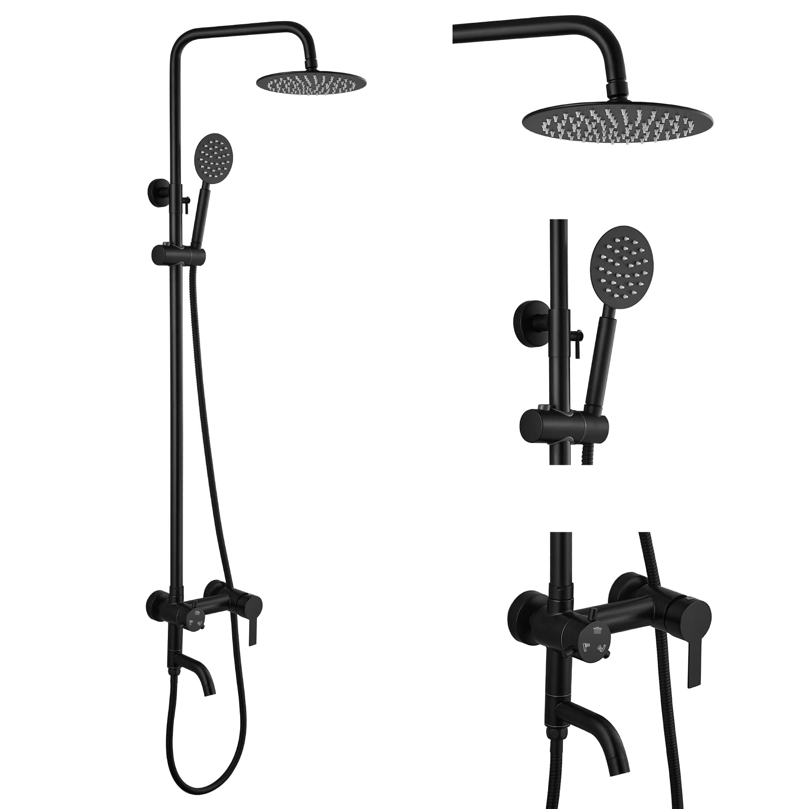 gotonovo Outside Shower Fixture Wall Mount Matte Black SUS 304 Stainless Steel Triple Function with Hand Sprayer and Tub Spout 8 Inch Rainfall Shower Head Shower faucet Set Bathroom Complete Set