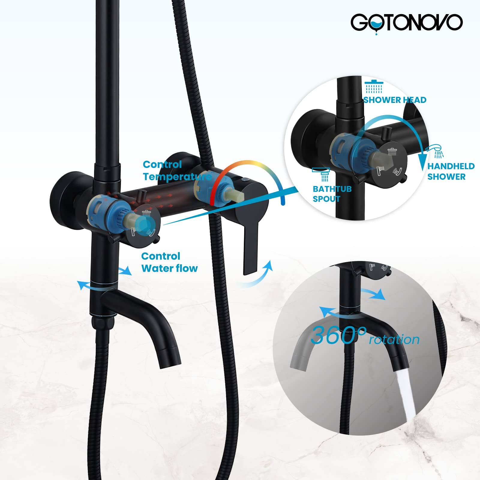 gotonovo Outside Shower Fixture Wall Mount Matte Black SUS 304 Stainless Steel Triple Function with Hand Sprayer and Tub Spout 8 Inch Rainfall Shower Head Shower faucet Set Bathroom Complete Set