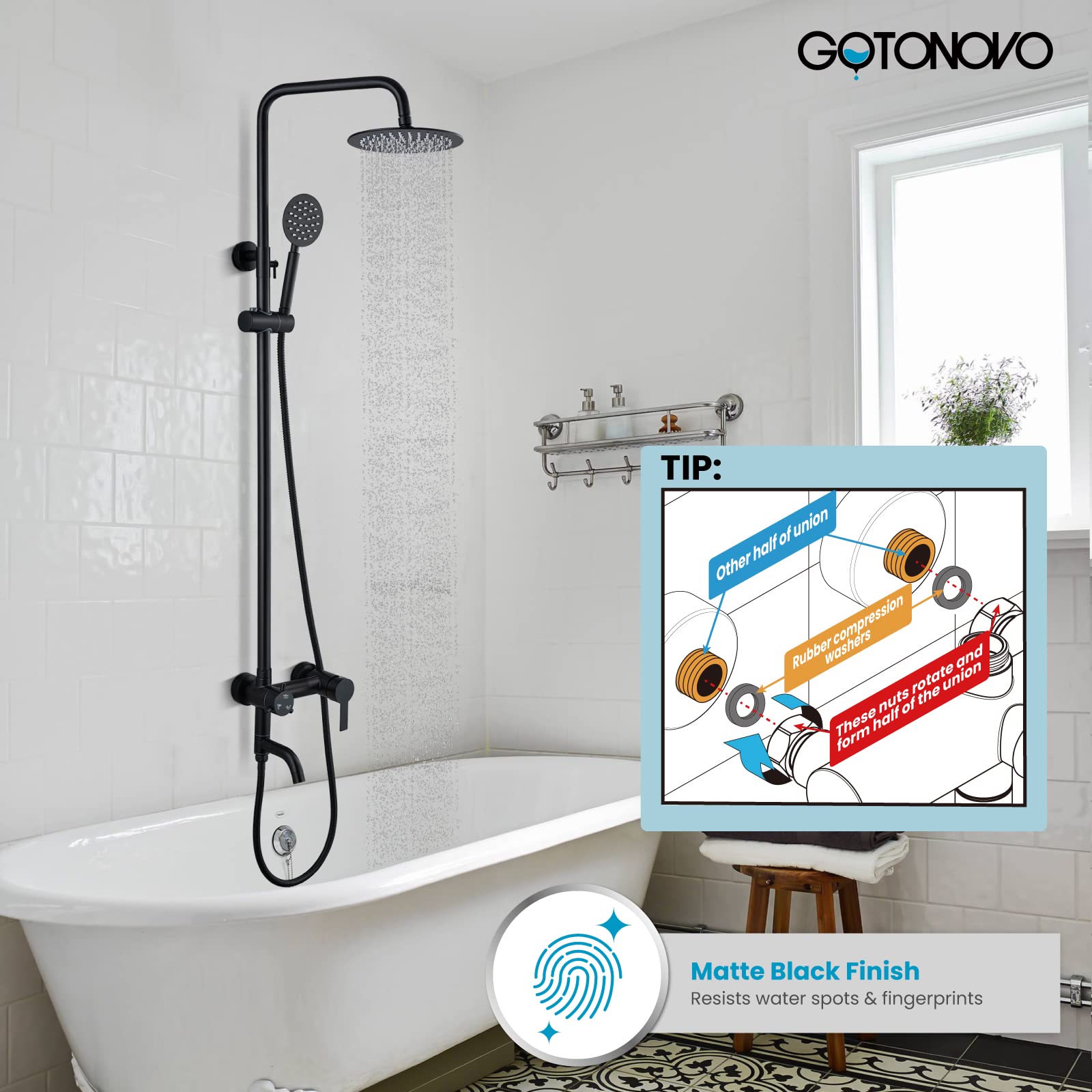 gotonovo Outside Shower Fixture Wall Mount Matte Black SUS 304 Stainless Steel Triple Function with Hand Sprayer and Tub Spout 8 Inch Rainfall Shower Head Shower faucet Set Bathroom Complete Set