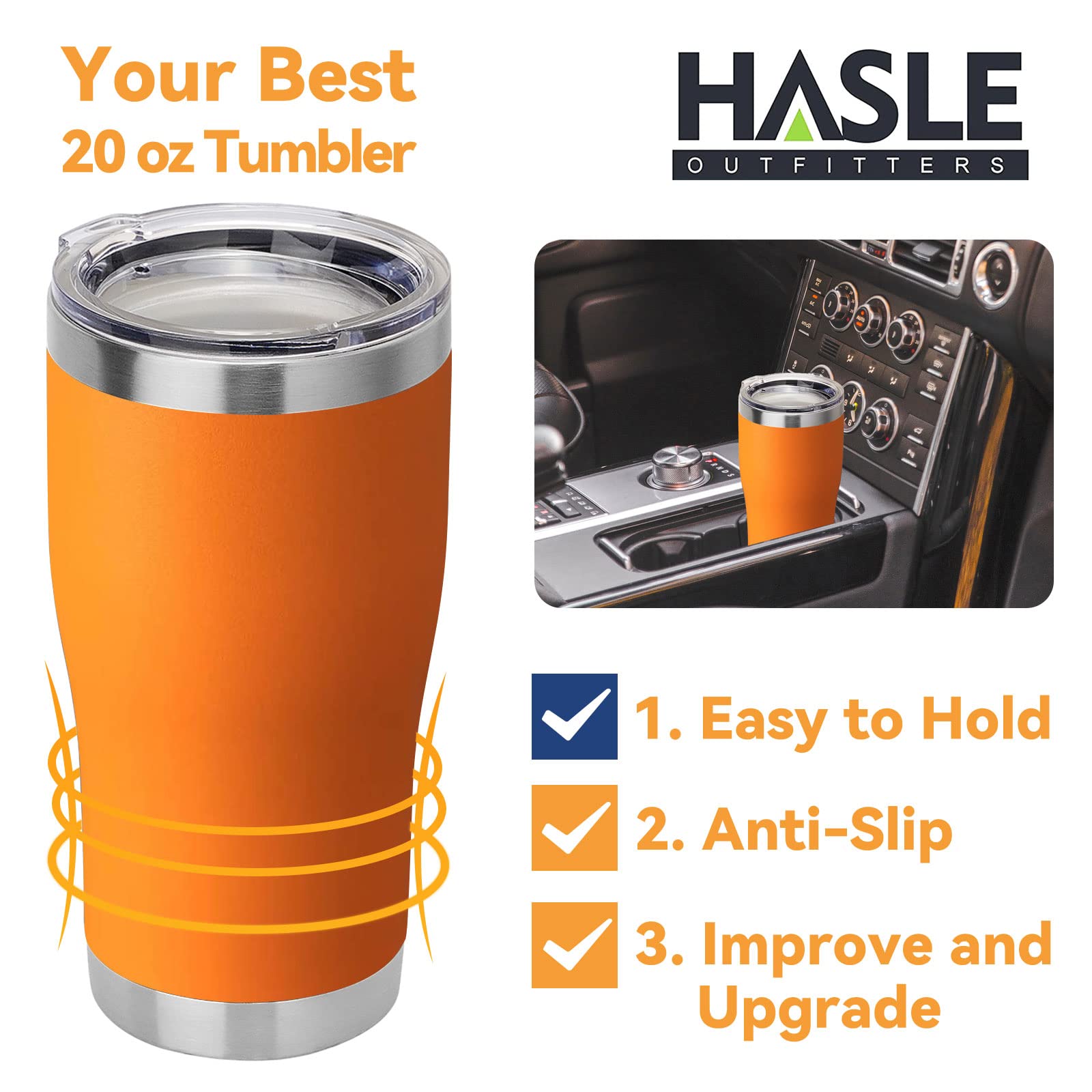 HASLE OUTFITTERS 20 oz Tumbler Bulk, Stainless Steel Tumblers with Lid, Vacuum Insulated Tumbler, Double Wall Powder Coated Cup, coffee mugs, Orange, 1 Pack