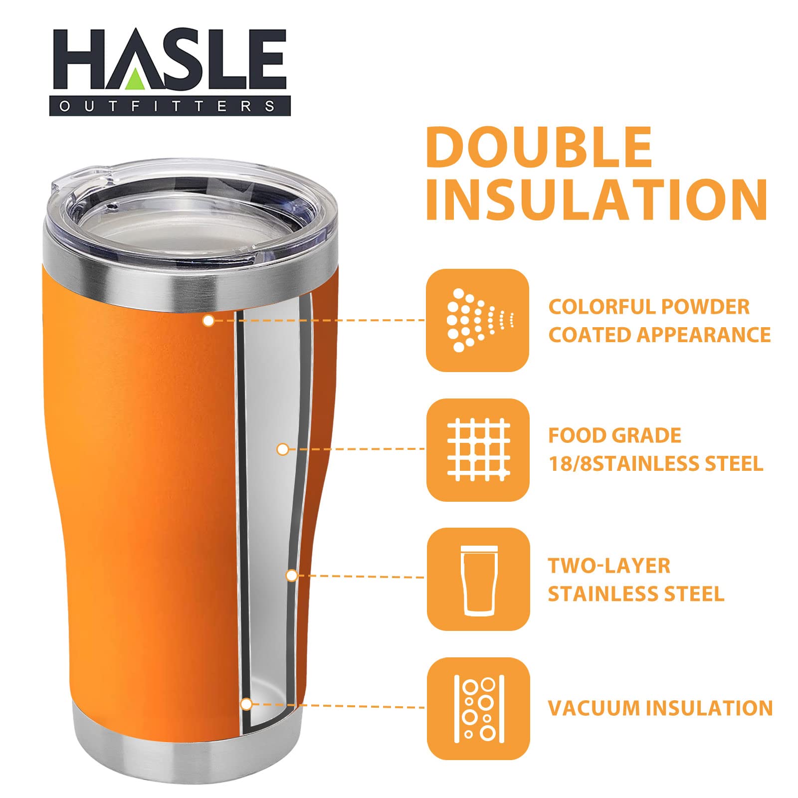 HASLE OUTFITTERS 20 oz Tumbler Bulk, Stainless Steel Tumblers with Lid, Vacuum Insulated Tumbler, Double Wall Powder Coated Cup, coffee mugs, Orange, 1 Pack