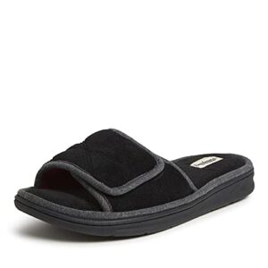 dearfoams men's indoor/outdoor adjustable machine washable memory foam terry slide slipper, black (quilted), 11-12