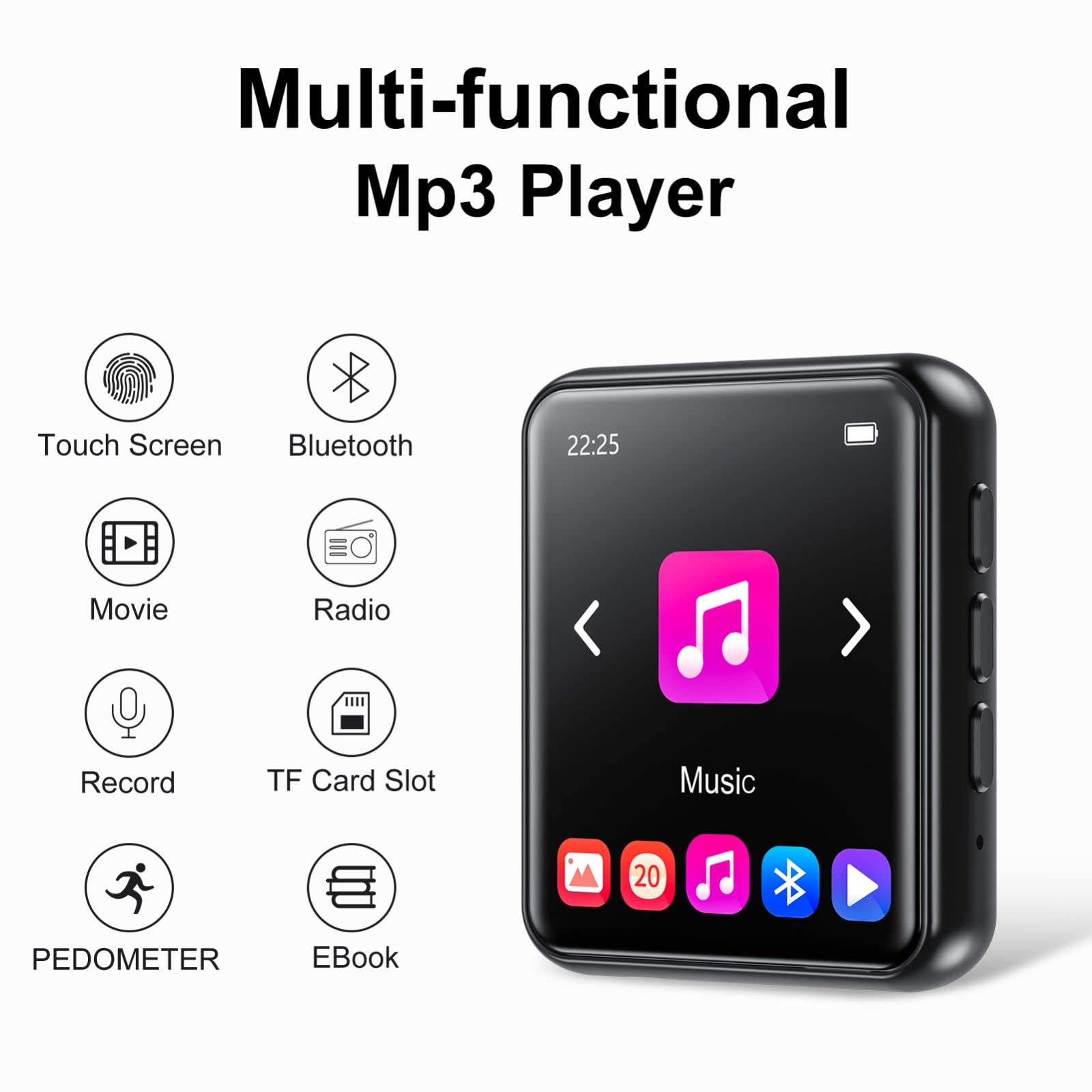 MP3 Player Bluetooth 5.3 Touch Screen Music Player Portable mp3 Player with Speakers high Fidelity Lossless Sound Quality mp3 FM Radio Recording e-Book MP3 Player Support (128GB)