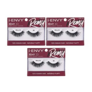 i-envy remy false eyelashes 3d collection, invisible band, 100% human hair lashes (3 pack)