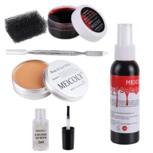 meicoly sfx makeup kit scars wax, fake blood spray(2.1oz) halloween special effect wound modeling skin wax(1.67oz) with spatula, black stipple sponge, coagulated blood gel(1.06oz),5ml castor sealer,02