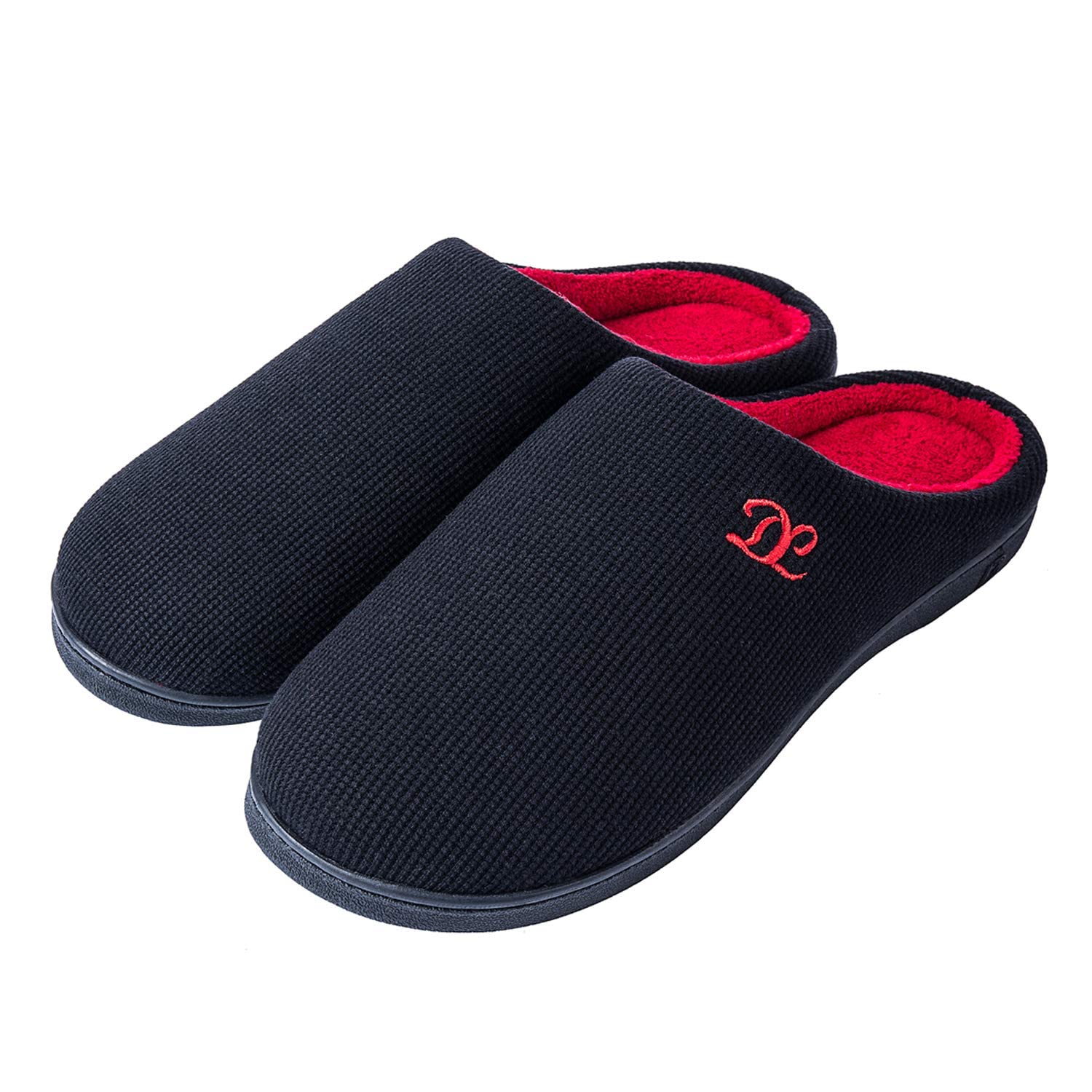 DL Mens Memory Foam Slippers Slip on, Comfy House Slippers For Mens Indoor Outdoor, Cozy Men's Bedroom Slippers Warm Soft Flannel Lining Closed Toe Man Slippers Size 11-12 Black Red