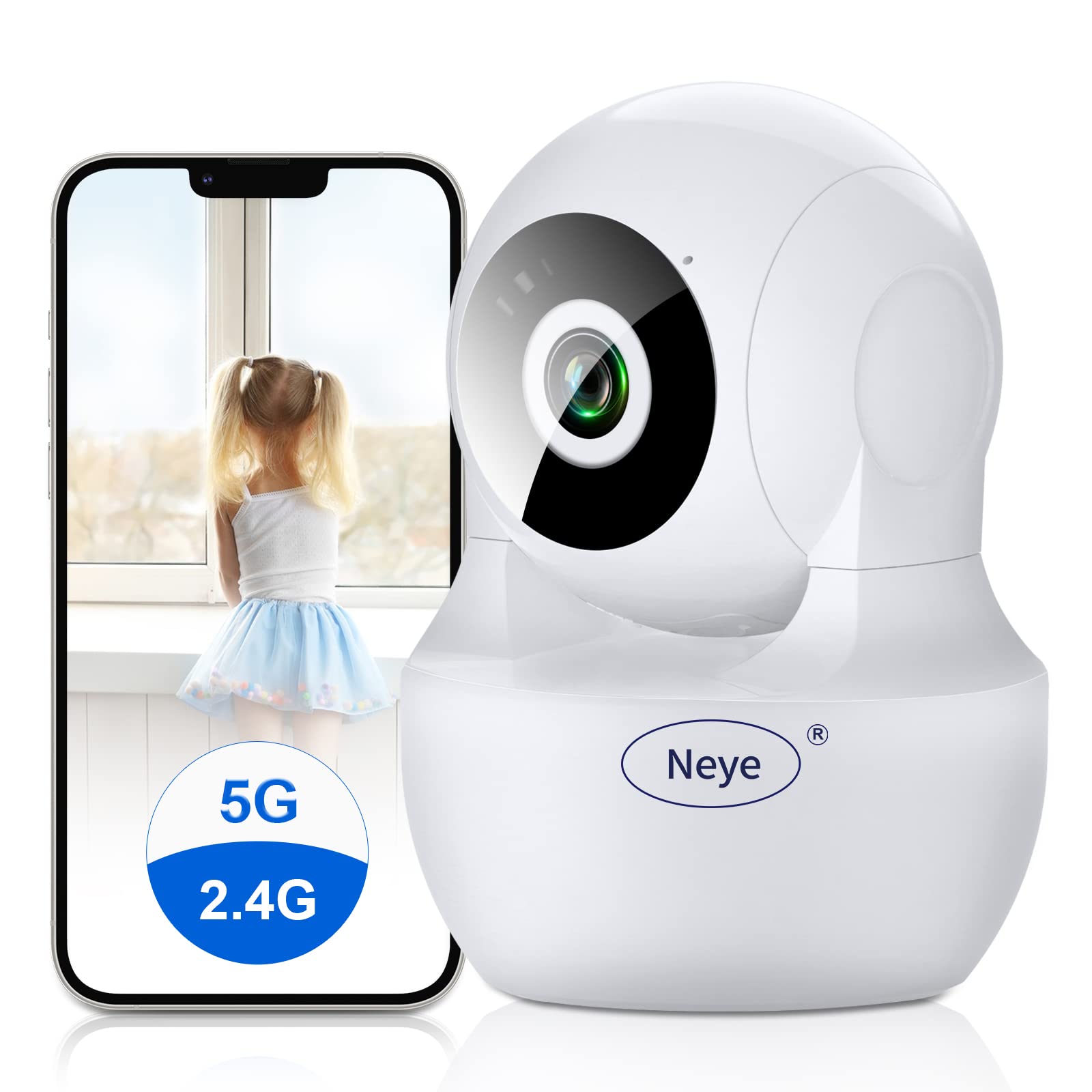 WiFi Security Home Camera，Baby Monitor Wireless IP Camera with Night Vision Two Way Audio Cloud Storage， Supports 5G WiFi，up to 128GB（White） Indoor Camera