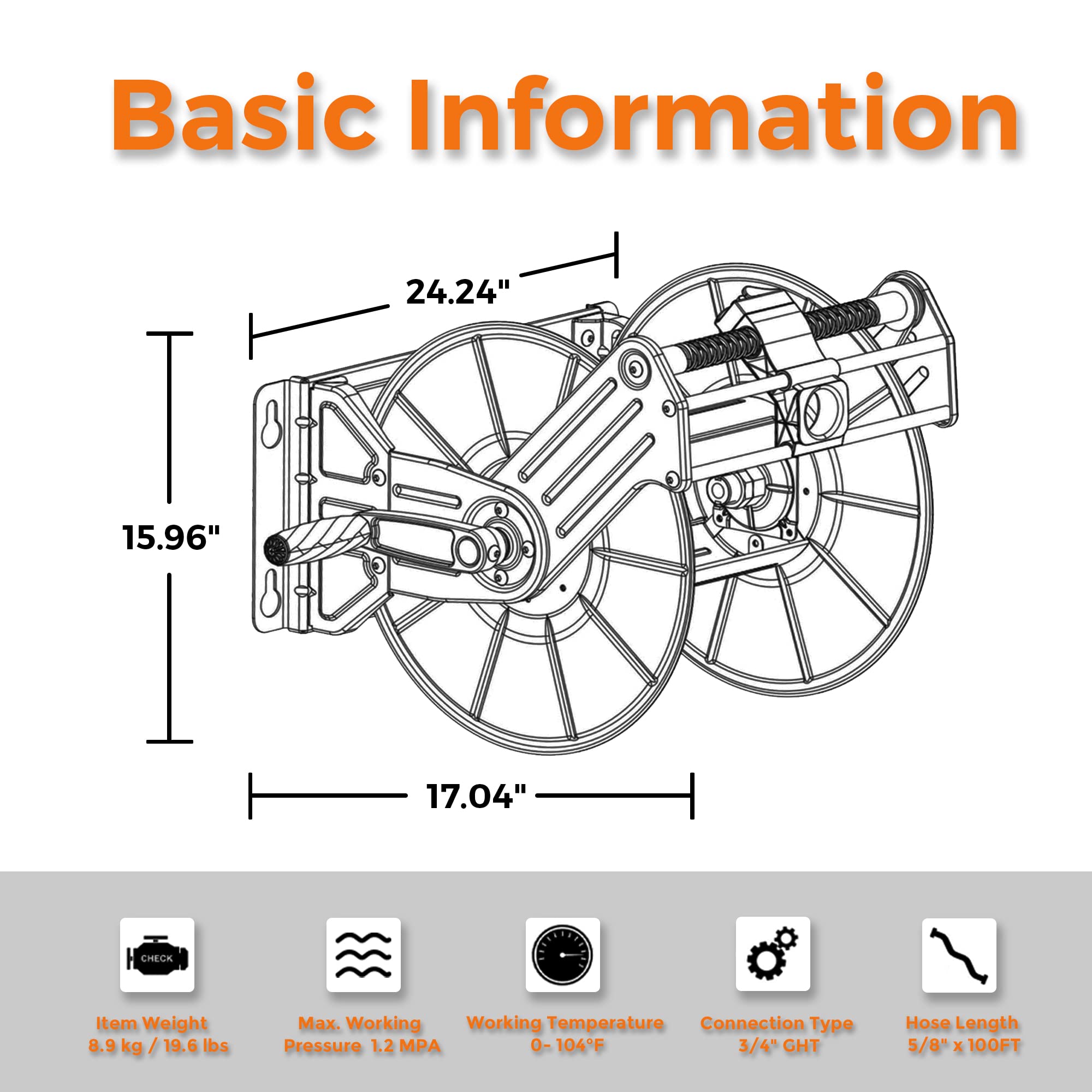 Giraffe Tools Stainless Steel Garden Hose Reel Heavy Duty, Wall/Floor Mounted Metal Water Hose Reel Retractable with Crank, 150-Feet 5/8" Hose Capacity