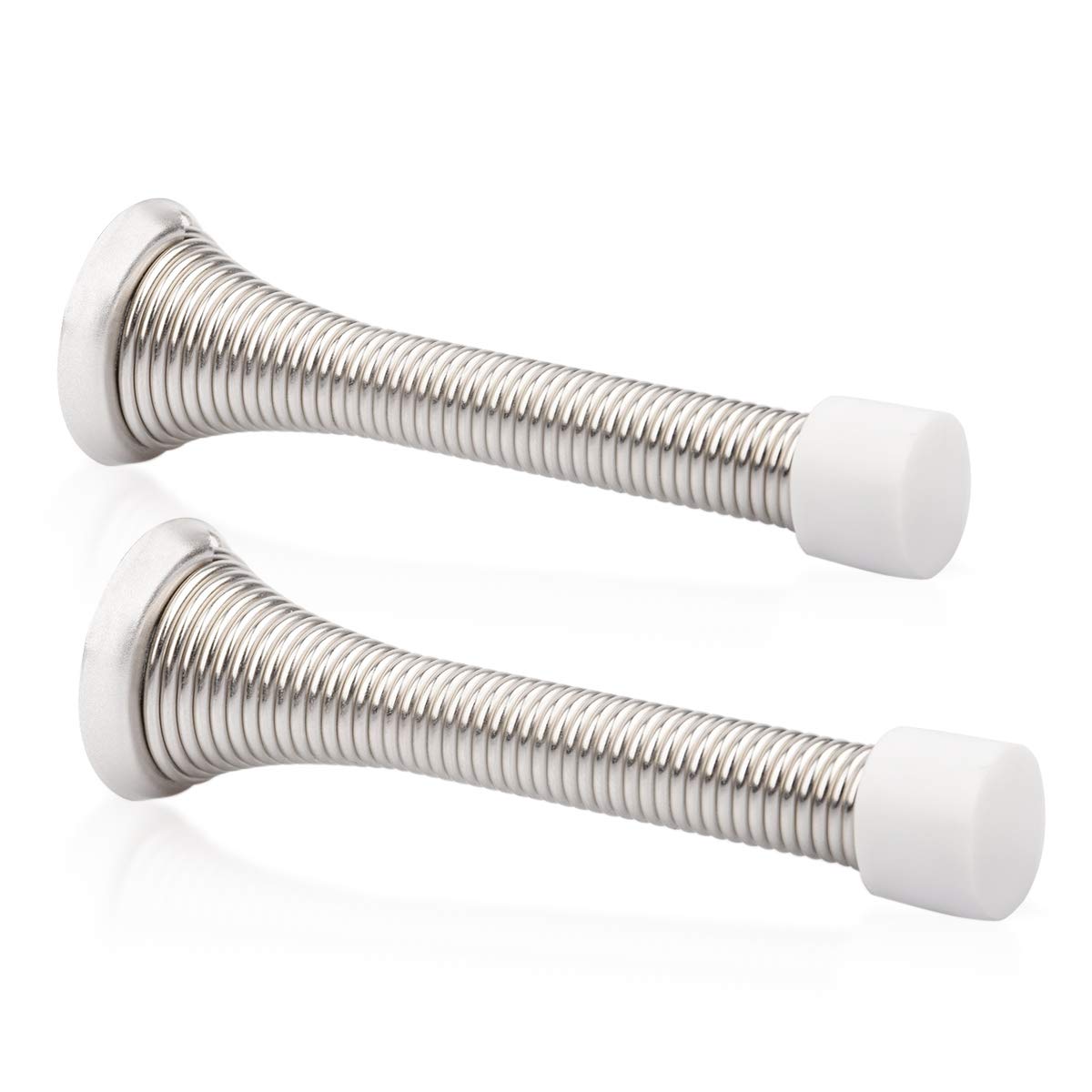 KOVOSCH 2 Pack Spring Door Stopper Brushed Satin Nickel- 3-1/4" Flexible Spring Door Stops with White Rubber Bumper Tips