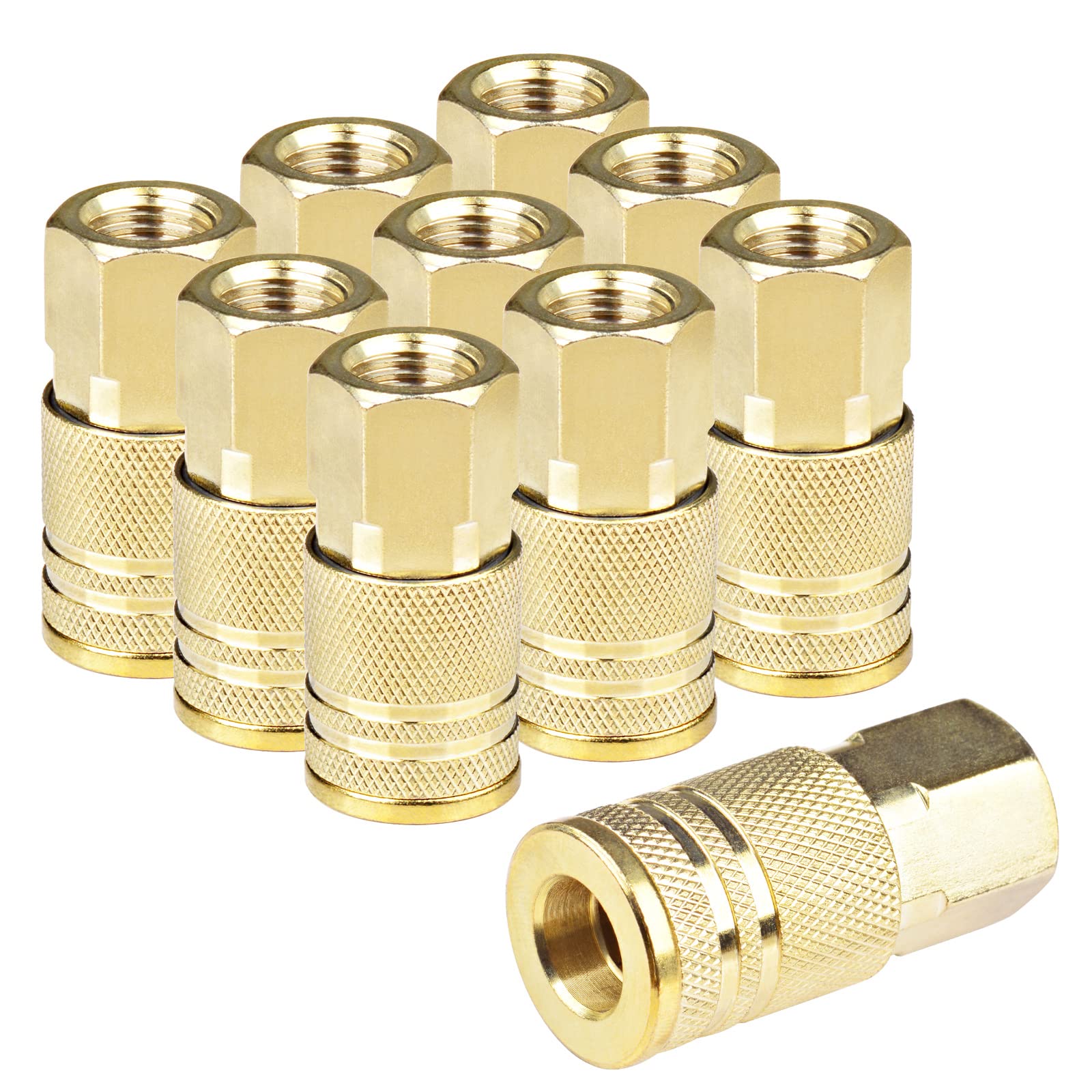 Toolsland 10 Pack Female Air Coupler, 1/4-Inch NPT Thread Quick Connect Air Tool Fittings, Industrial M Style Coupler with Brass Finish for Quickly and Safely Disconnect Air Hose