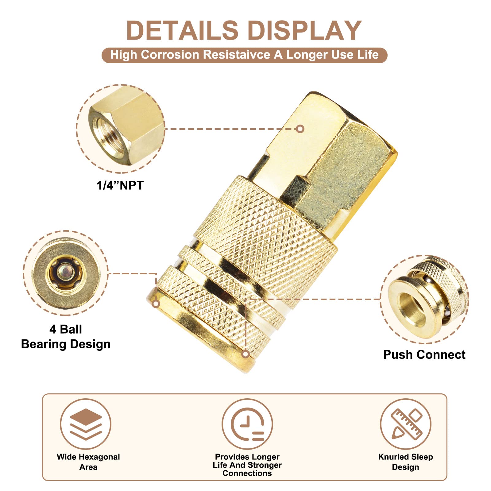 Toolsland 10 Pack Female Air Coupler, 1/4-Inch NPT Thread Quick Connect Air Tool Fittings, Industrial M Style Coupler with Brass Finish for Quickly and Safely Disconnect Air Hose