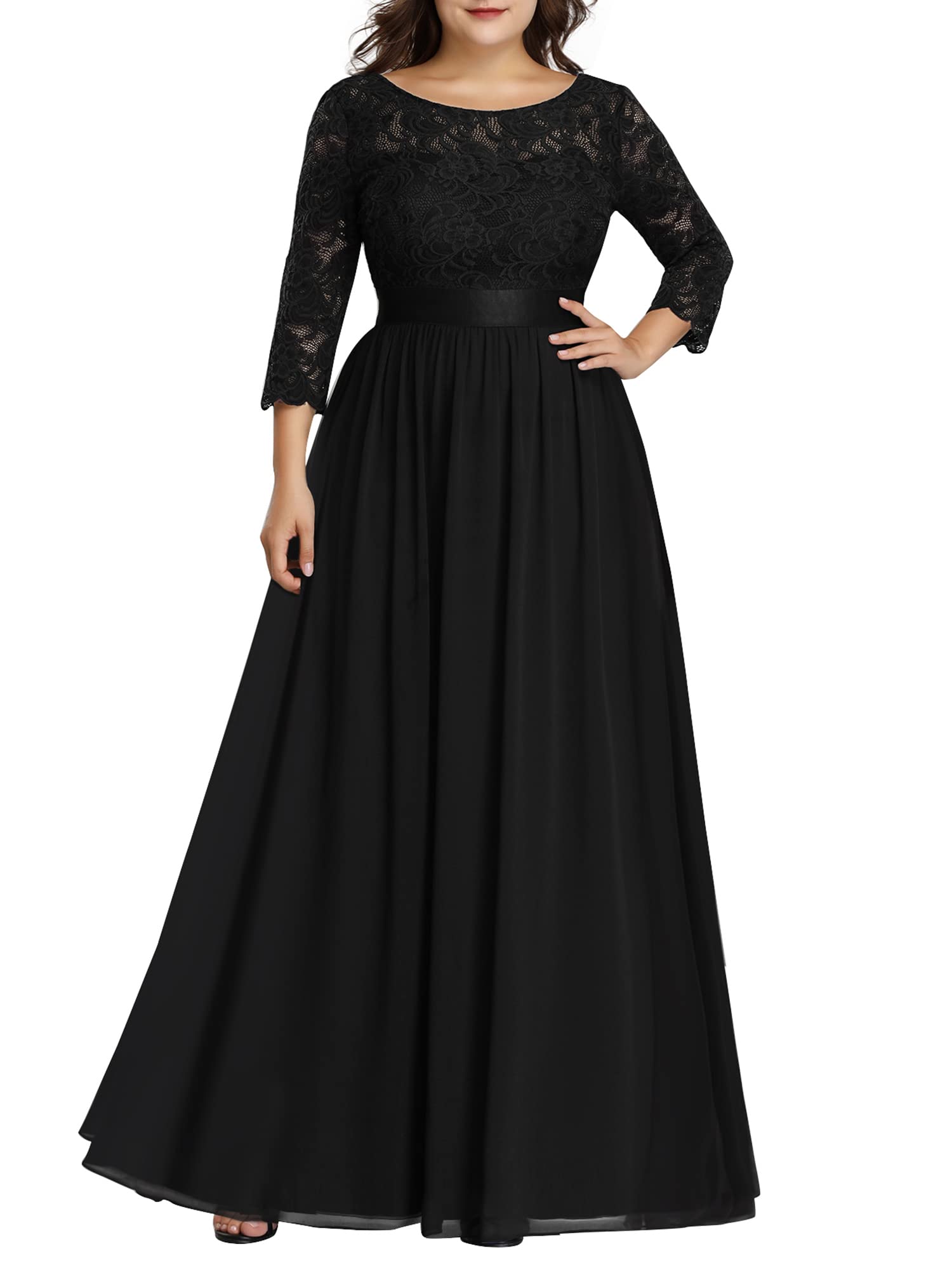 Ever-Pretty Women's Lace Sleeves Wedding Guest Dress Long Evening Bridesmaid Dress Black US24