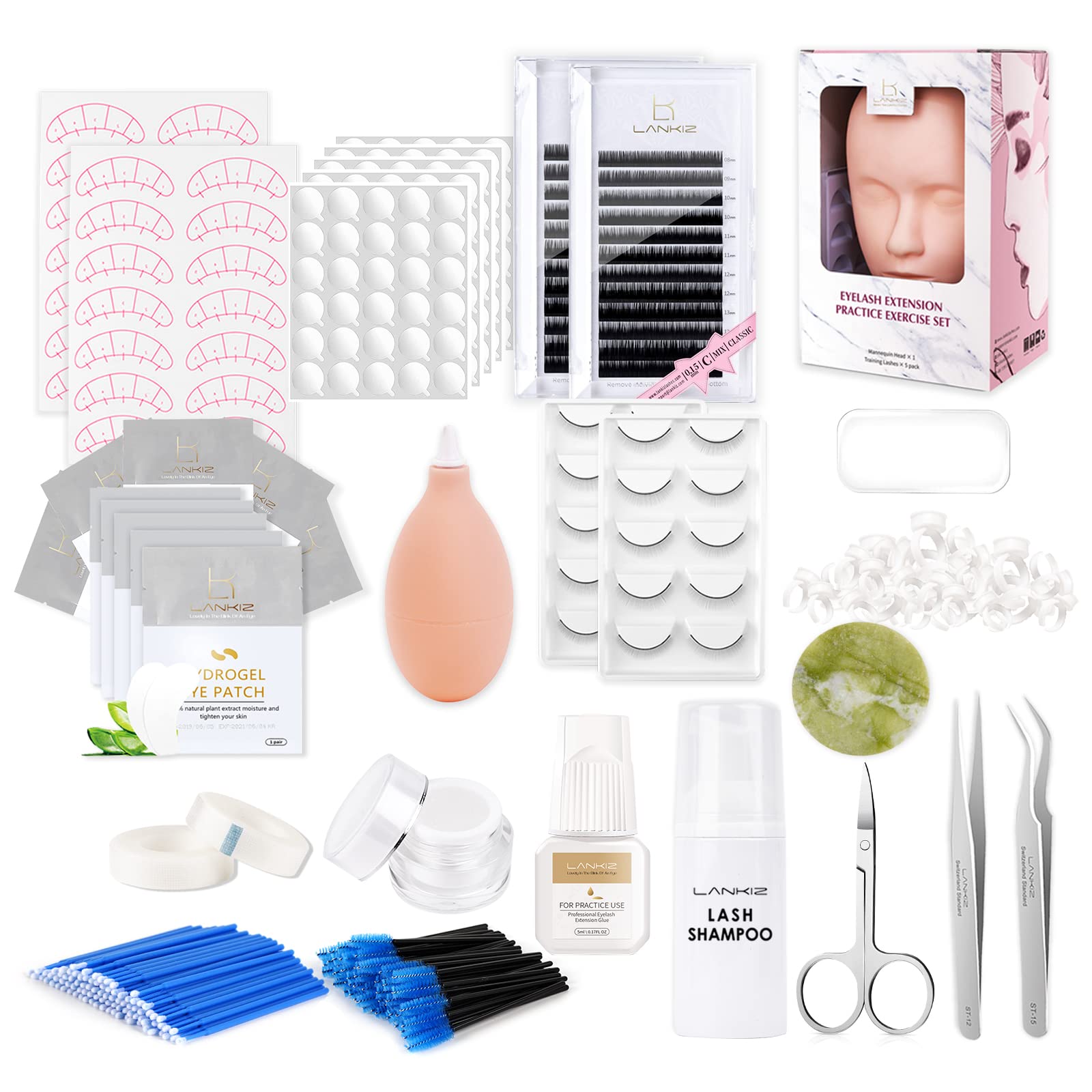 LANKIZ Eyelash Extension Kit, 448pcs Lash Practice Kit, Lash Kit for Eyelash Extensions Beginners, Eyelash Extension Supplies with Lash Mannequin Head for Training Makeup Practice