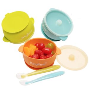 kingkam baby bowls and spoons, suction bowls for baby, toddler self-feeding set, leak-proof silicone bowl with lid, dishwasher & microwave safe