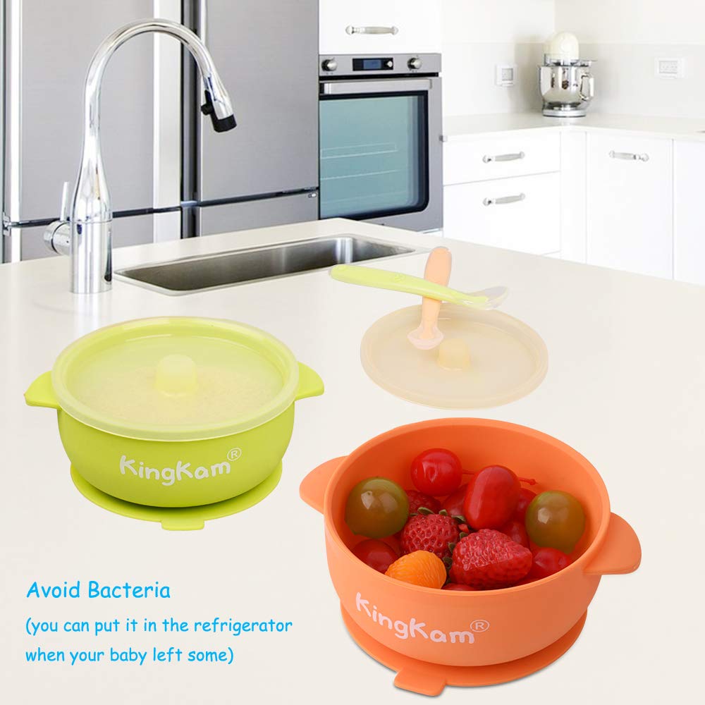 KingKam Baby Bowls and Spoons, Suction Bowls for Baby, Toddler Self-Feeding Set, Leak-Proof Silicone Bowl with Lid, Dishwasher & Microwave Safe