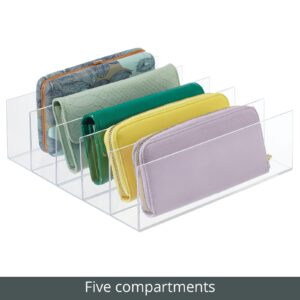 mDesign Plastic Purse Organizer for Bedroom Closet, Shelf Storage - Holds Woman's Purse, Hanging Bag, Zipper Handbag, Tote, Perfect for Space Saving - 5 Sections - Lumiere Collection - 2 Pack - Clear