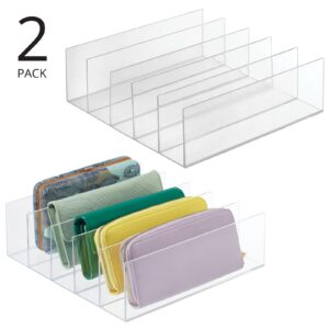 mDesign Plastic Purse Organizer for Bedroom Closet, Shelf Storage - Holds Woman's Purse, Hanging Bag, Zipper Handbag, Tote, Perfect for Space Saving - 5 Sections - Lumiere Collection - 2 Pack - Clear