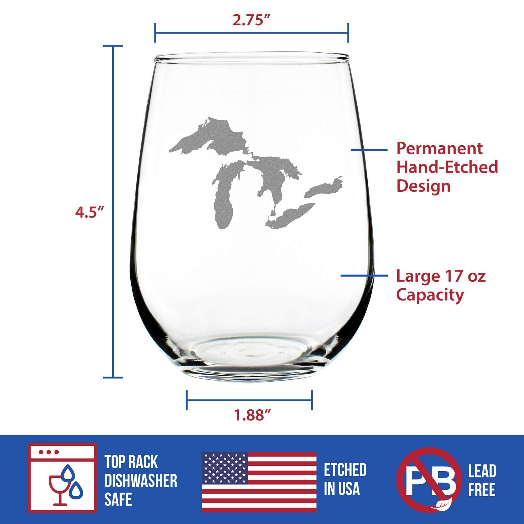 Great Lakes Map - Stemless Wine Glass - Unique Engraved Glassware Art Gifts for Midwestern Women & Men - Large 17 Ounce