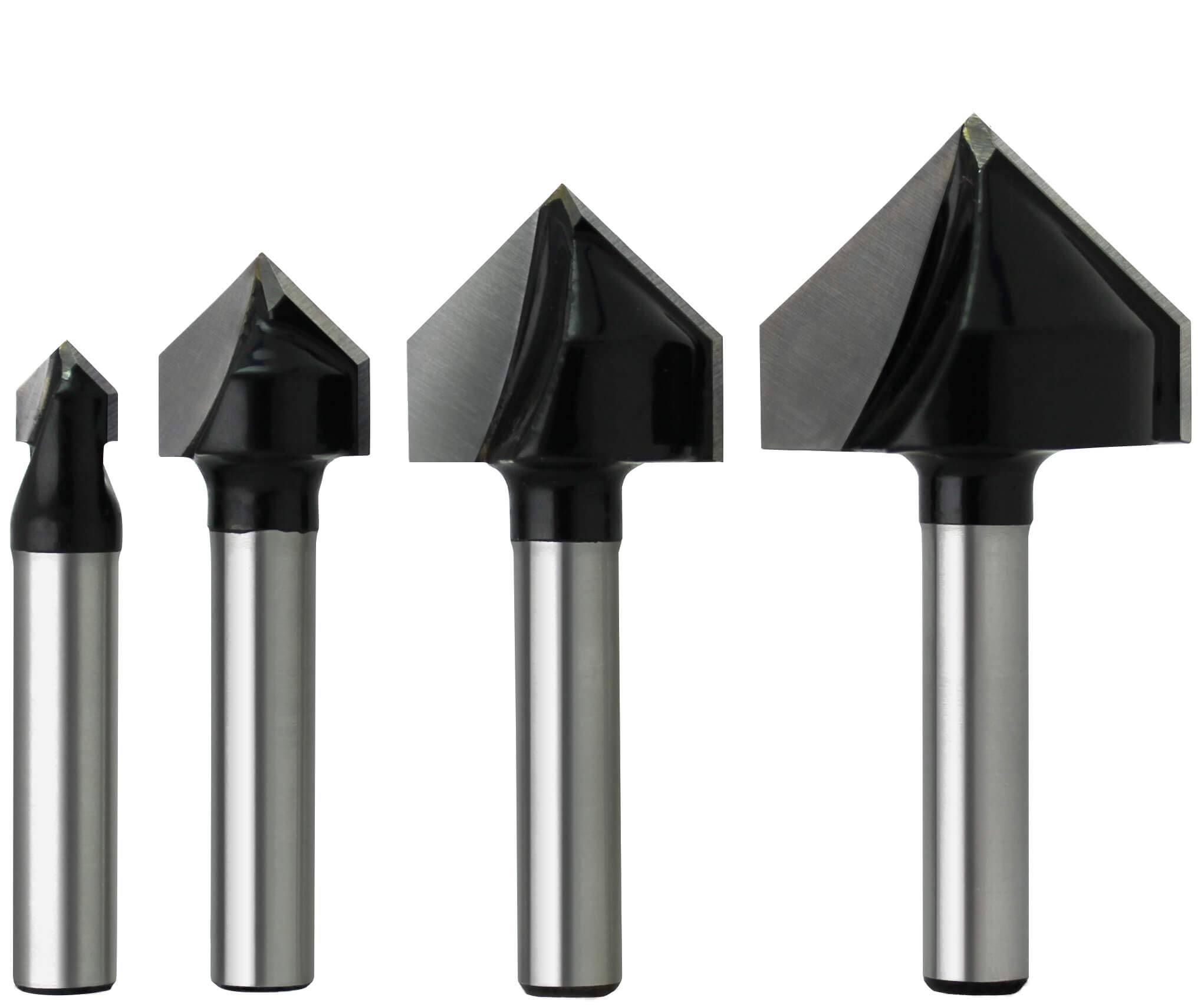 Align Carbide, 4-Piece 90 Degree V Groove Router Bits, 1/4 Inch Shank, Carbide Tipped, CNC Engraving Bit, Woodworking Chamfer Bevel Cutter, CNC Router Pro-Series.