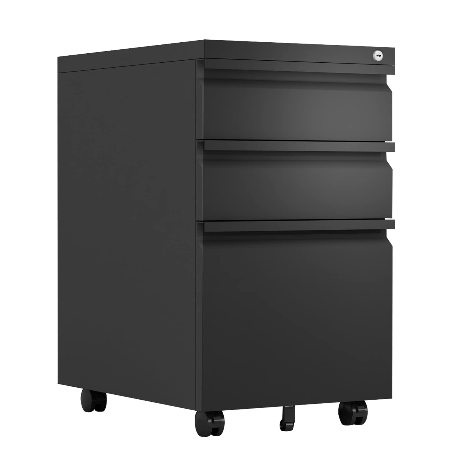 GREATMEET 3 Drawer Mobile File Cabinet,Metal Filing Cabinet with Lock,Under Desk Drawer for A4/ Legal/Letter Size,Fully Assembled, Black