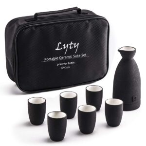 ceramic sake set and cups + keep sake storage gift box, traditional porcelain pottery saki drink set kit, 7-piece include 1 sake bottle 6 cups