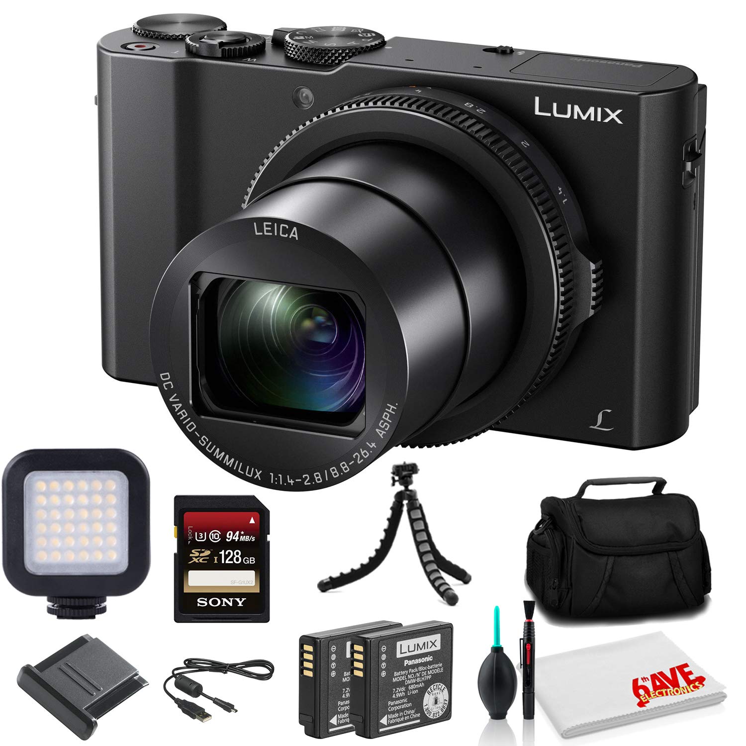 Panasonic Lumix DMC-LX10 Digital Camera (DMC-LX10K) - Bundle - with 128GB Memory Card + LED Video Light + Soft Bag + DMW-BLH7 Battery + 12 Inch Flexible Tripod + Cleaning Set