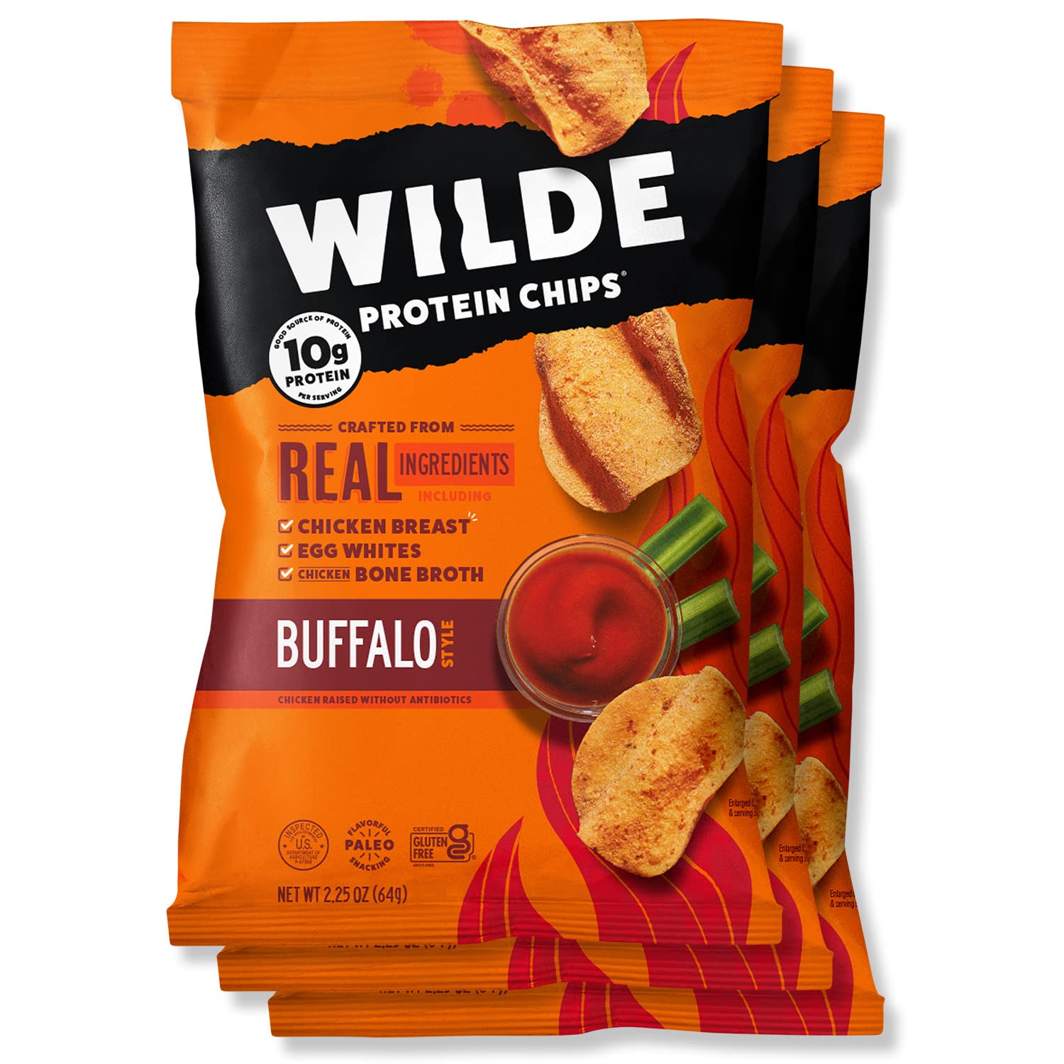 WILDE Buffalo Protein Chips, Thin and Crispy, High Protein, Keto Friendly, Made with Real Ingredients, 2.25oz Bags (Pack of 3)