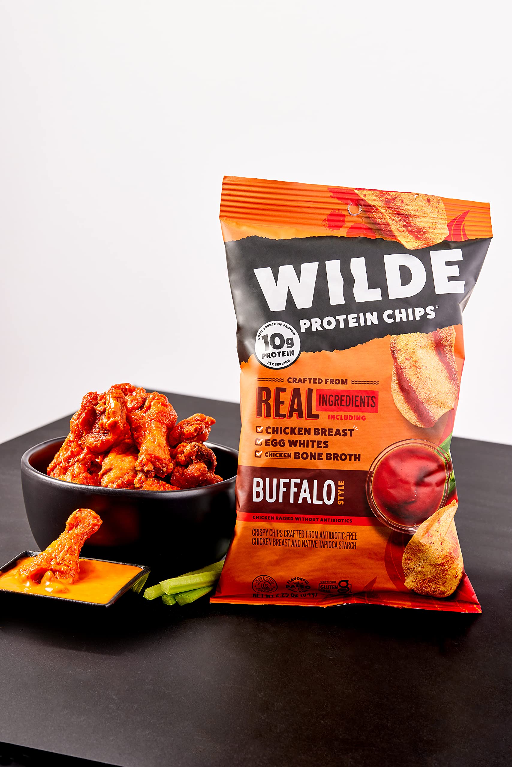 WILDE Buffalo Protein Chips, Thin and Crispy, High Protein, Keto Friendly, Made with Real Ingredients, 2.25oz Bags (Pack of 3)