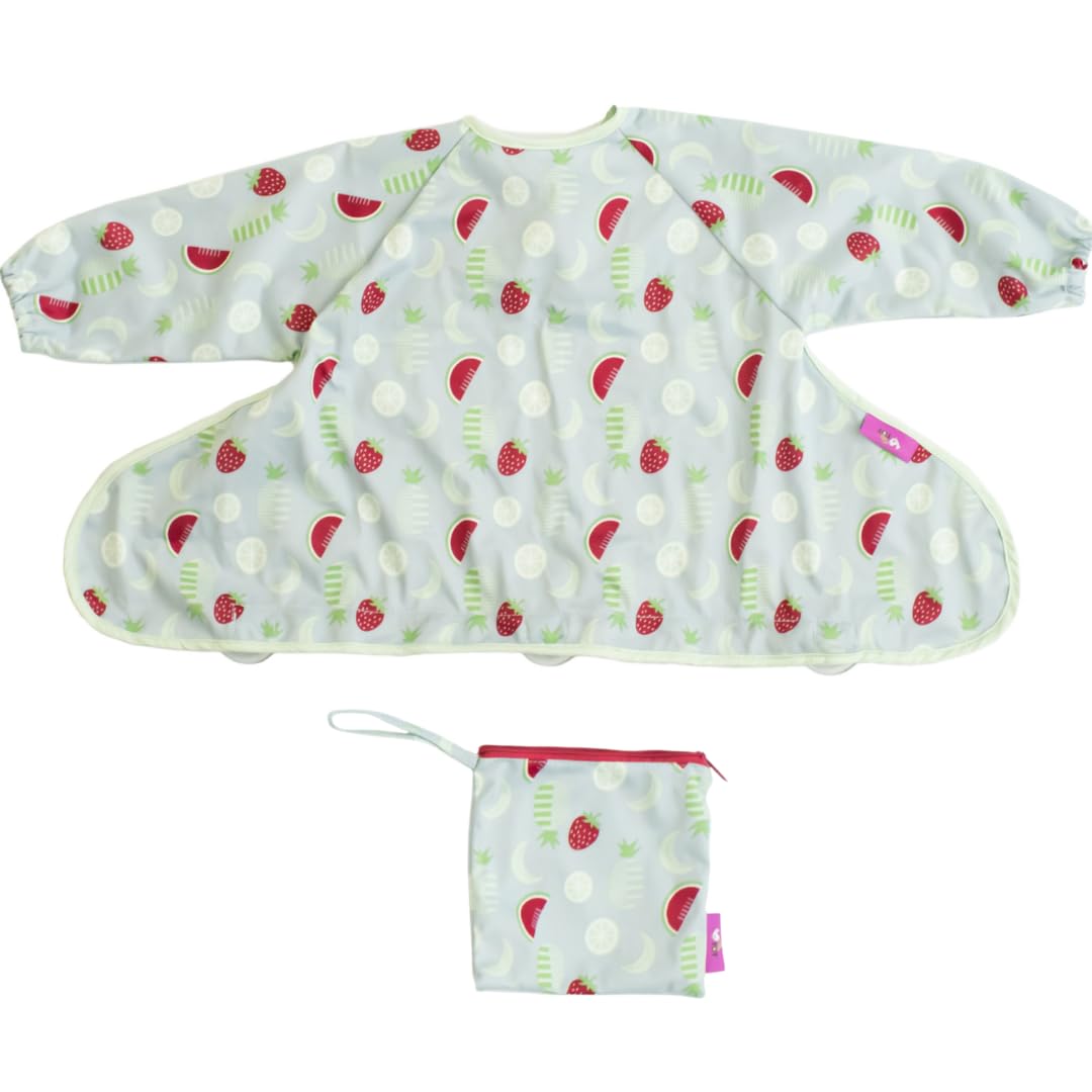 Tidy Tot - Cover & Catch Baby Bib - Mess Proof Long Sleeve Feeding Smock with Food Catcher Pocket - Attaches to Highchair - Waterproof Bib – Machine Washable. Fits 6-24 months - Fruit