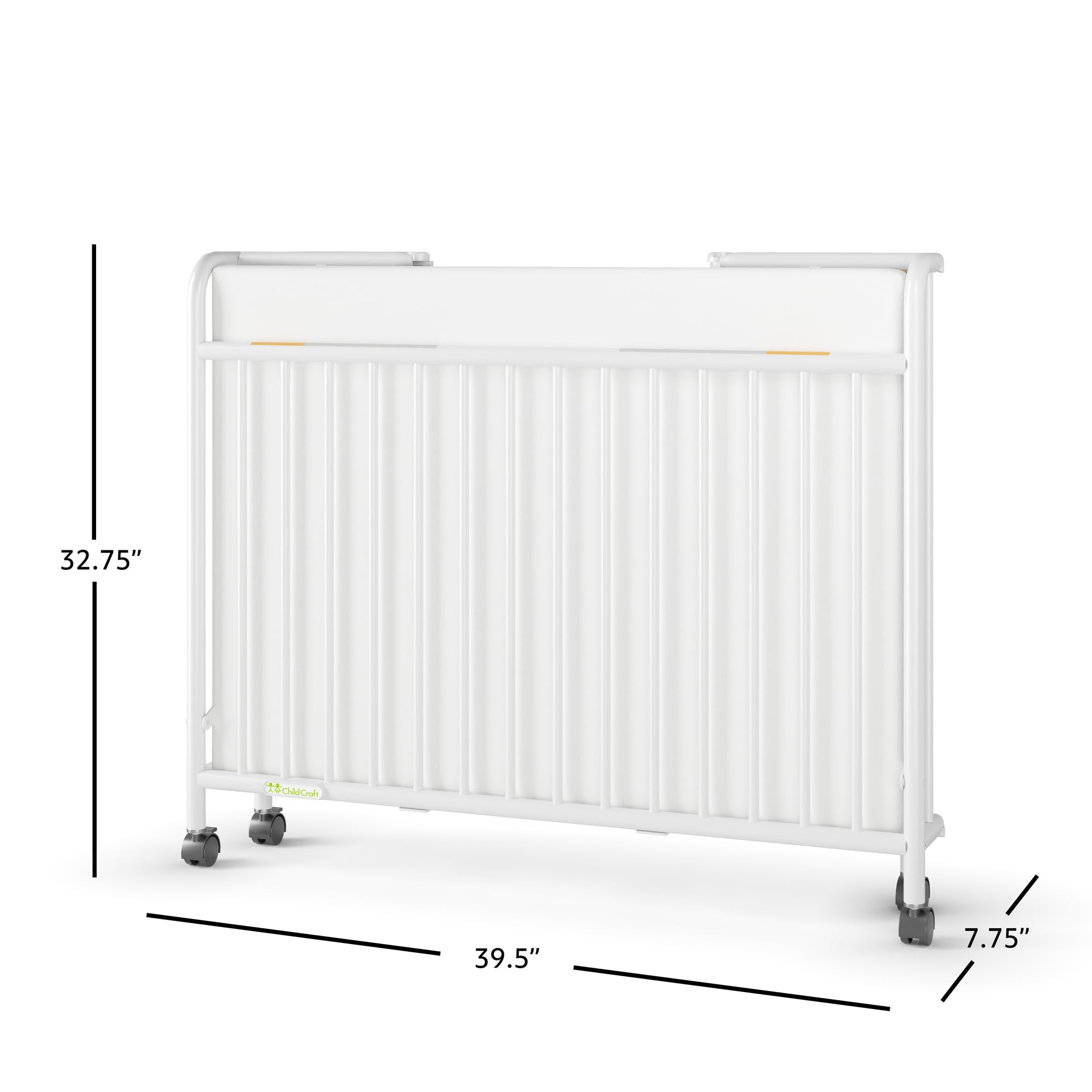 Child Craft Little Dreamer Metal Compact Folding Portable Crib with 2” Crib Mattress and 2 Easy Roll Locking Wheels, Durable Metal Construction, Easy to Clean (White)